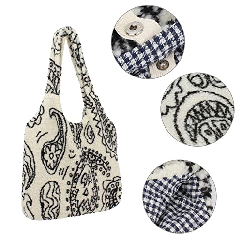 ZLM BAG US Plush Shoulder Handbag Retro Ethnic Style fluffy Tote Handbag Large faux Lamb Wool Shopping Bag
