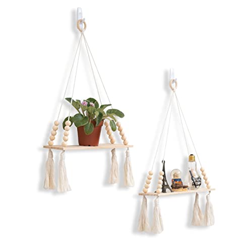 GeddStore Hanging Shelves for Wall (Set of 2), Lightweight Macrame Hanging Shelf, Cute Boho Shelves for Bedroom, Bathroom & Living Room, Ready to Hang