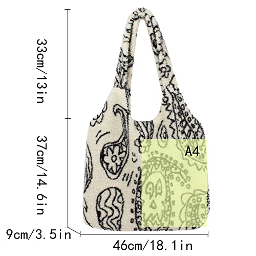 ZLM BAG US Plush Shoulder Handbag Retro Ethnic Style fluffy Tote Handbag Large faux Lamb Wool Shopping Bag
