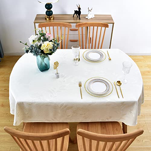 Wolkemer Oval Jacquard Tablecloth Ivory Floral Countryside Leaves Damask Patterns Table Cloth Cover for Dinner Kitchen 60 x 84 Inch