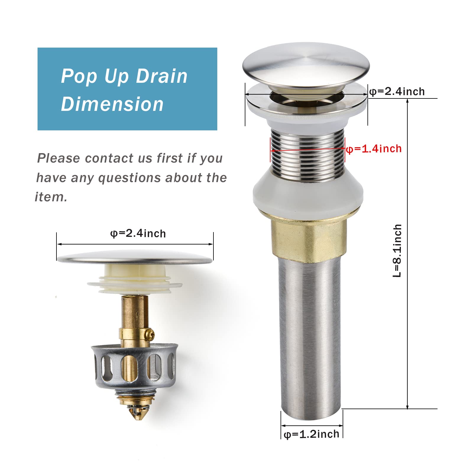 Rockgoya Bathroom Sink Drain,Drain Stopper Bathroom Sink Without Overflow,Pop Up Drain Assembly with Detachable Strainer Basket,Built-in Anti-Clogging Strainer,Stainless Steel Brushed Nickel