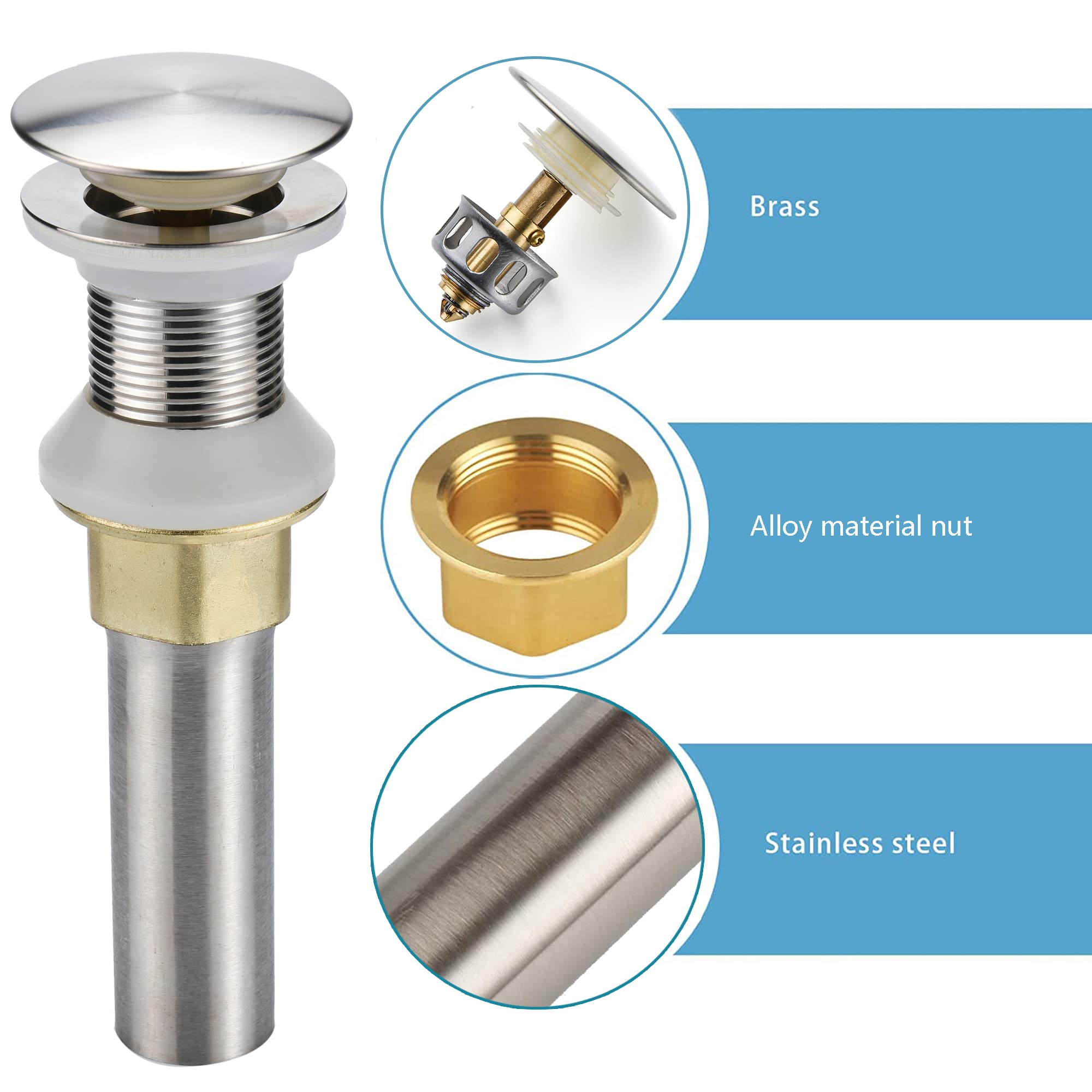 Rockgoya Bathroom Sink Drain,Drain Stopper Bathroom Sink Without Overflow,Pop Up Drain Assembly with Detachable Strainer Basket,Built-in Anti-Clogging Strainer,Stainless Steel Brushed Nickel