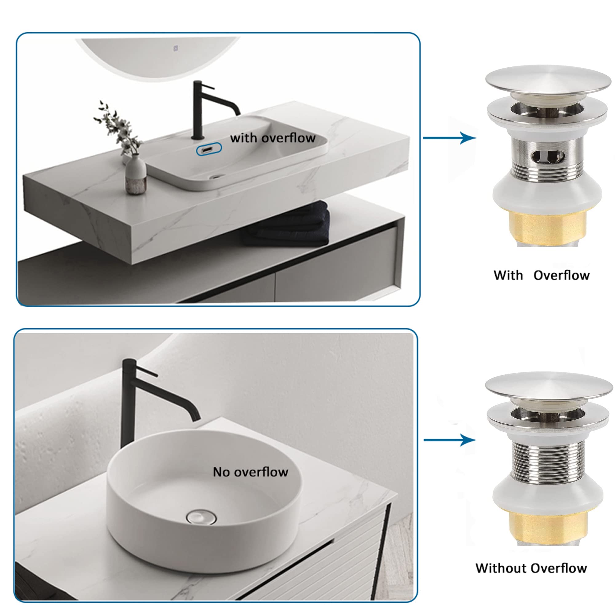 Rockgoya Bathroom Sink Drain,Drain Stopper Bathroom Sink Without Overflow,Pop Up Drain Assembly with Detachable Strainer Basket,Built-in Anti-Clogging Strainer,Stainless Steel Brushed Nickel