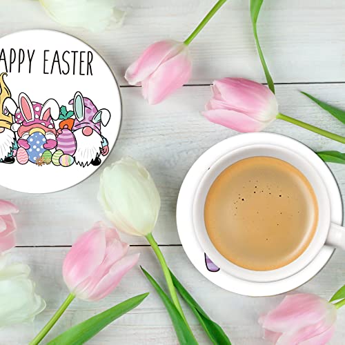 Whaline 4Pcs Easter Ceramic Coaster Set Bunny Gnome Egg Carrot Prints Drink Coasters Cartoon Style Absorbent Coasters for Easter Egg Hunt Home Decor Table Protection Housewarming Gifts