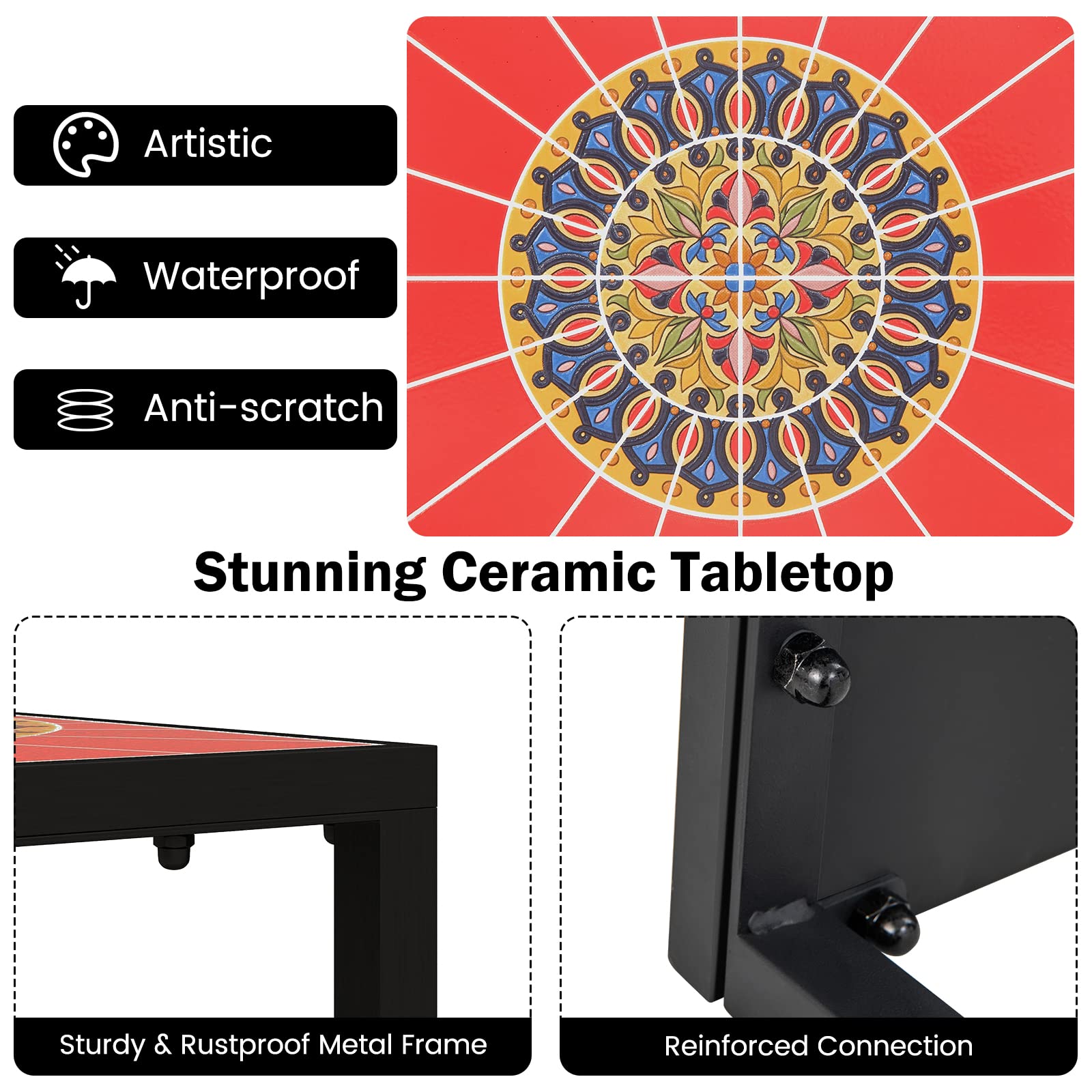 Tangkula C-Shaped Outdoor Side Table, Patio Snack Table w/Ceramic Top & Anti-Rust Metal Frame, Small End Table for Couch, Sofa & Bed, Outdoor & Indoor Accent Table for Living Room, Poolside, Balcony
