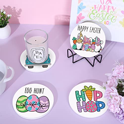 Whaline 4Pcs Easter Ceramic Coaster Set Bunny Gnome Egg Carrot Prints Drink Coasters Cartoon Style Absorbent Coasters for Easter Egg Hunt Home Decor Table Protection Housewarming Gifts