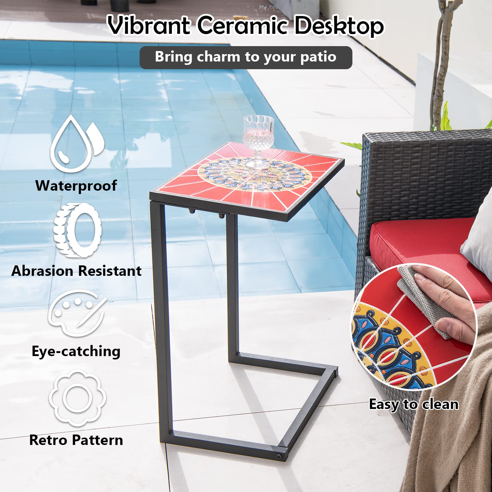 Tangkula C-Shaped Outdoor Side Table, Patio Snack Table w/Ceramic Top & Anti-Rust Metal Frame, Small End Table for Couch, Sofa & Bed, Outdoor & Indoor Accent Table for Living Room, Poolside, Balcony