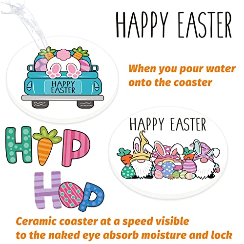 Whaline 4Pcs Easter Ceramic Coaster Set Bunny Gnome Egg Carrot Prints Drink Coasters Cartoon Style Absorbent Coasters for Easter Egg Hunt Home Decor Table Protection Housewarming Gifts
