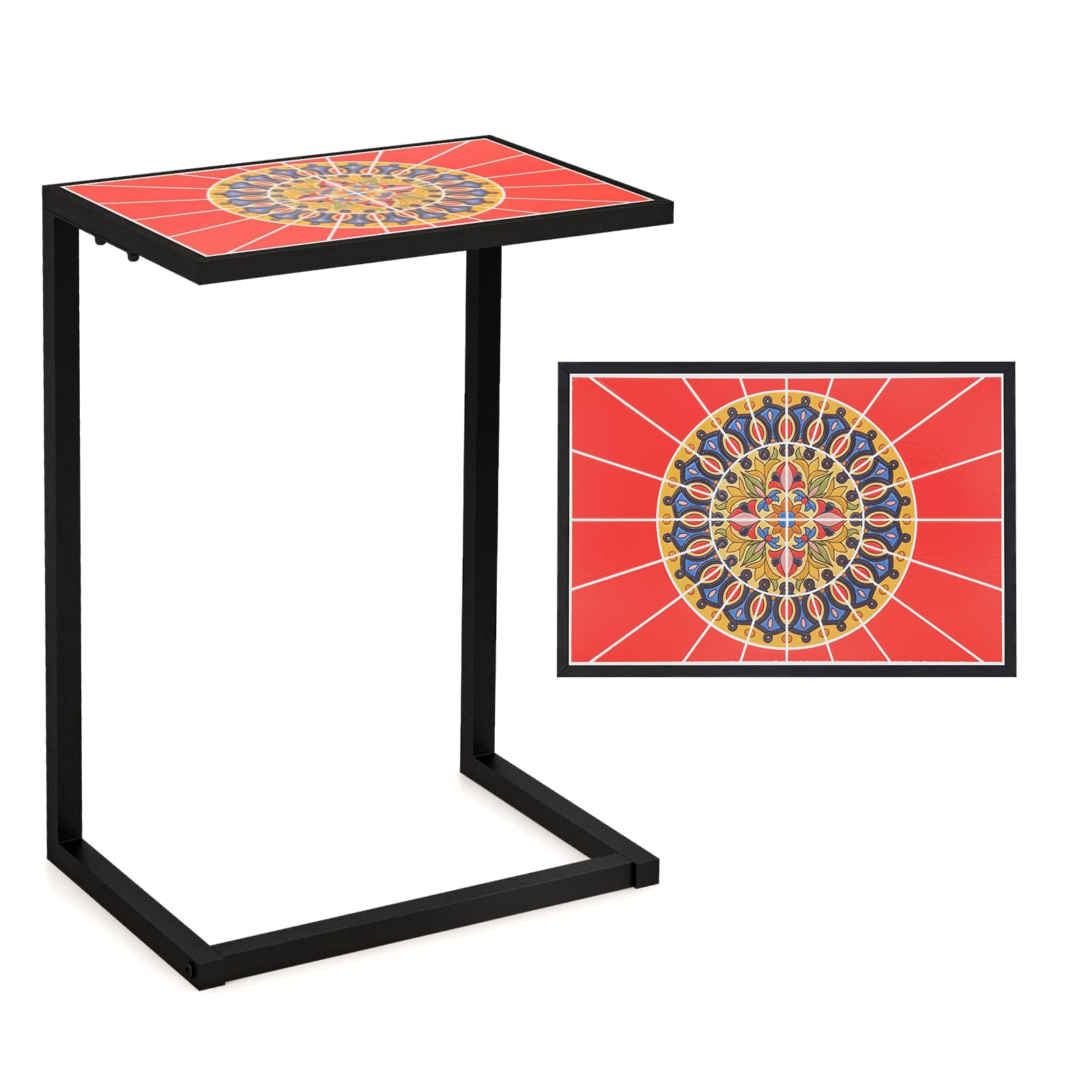 Tangkula C-Shaped Outdoor Side Table, Patio Snack Table w/Ceramic Top & Anti-Rust Metal Frame, Small End Table for Couch, Sofa & Bed, Outdoor & Indoor Accent Table for Living Room, Poolside, Balcony