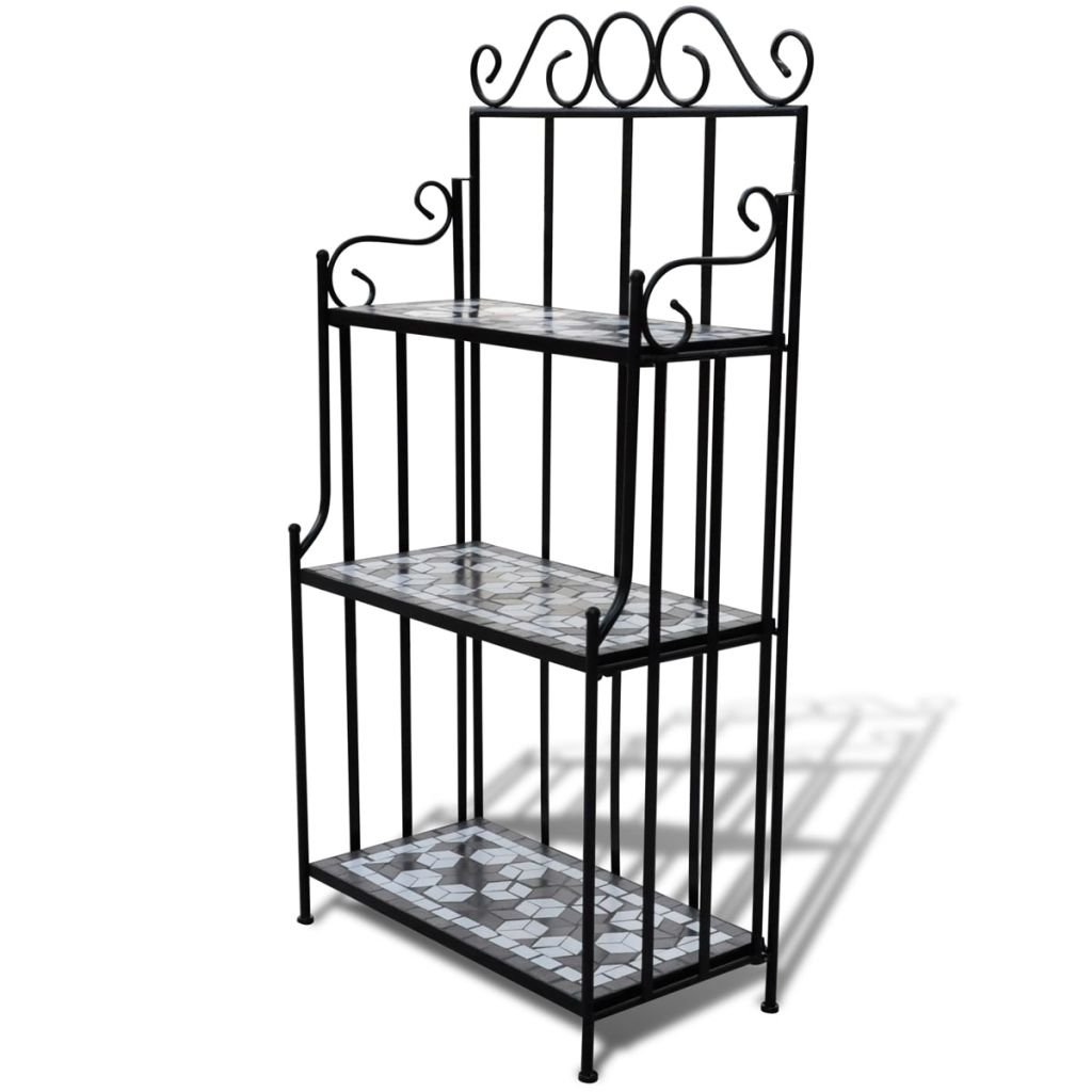 Mogou Plant Stand Display Black White Mosaic Table, Patio Table Decor, Mosaic Table Outdoor, Mosaic Plant Stand Pattern