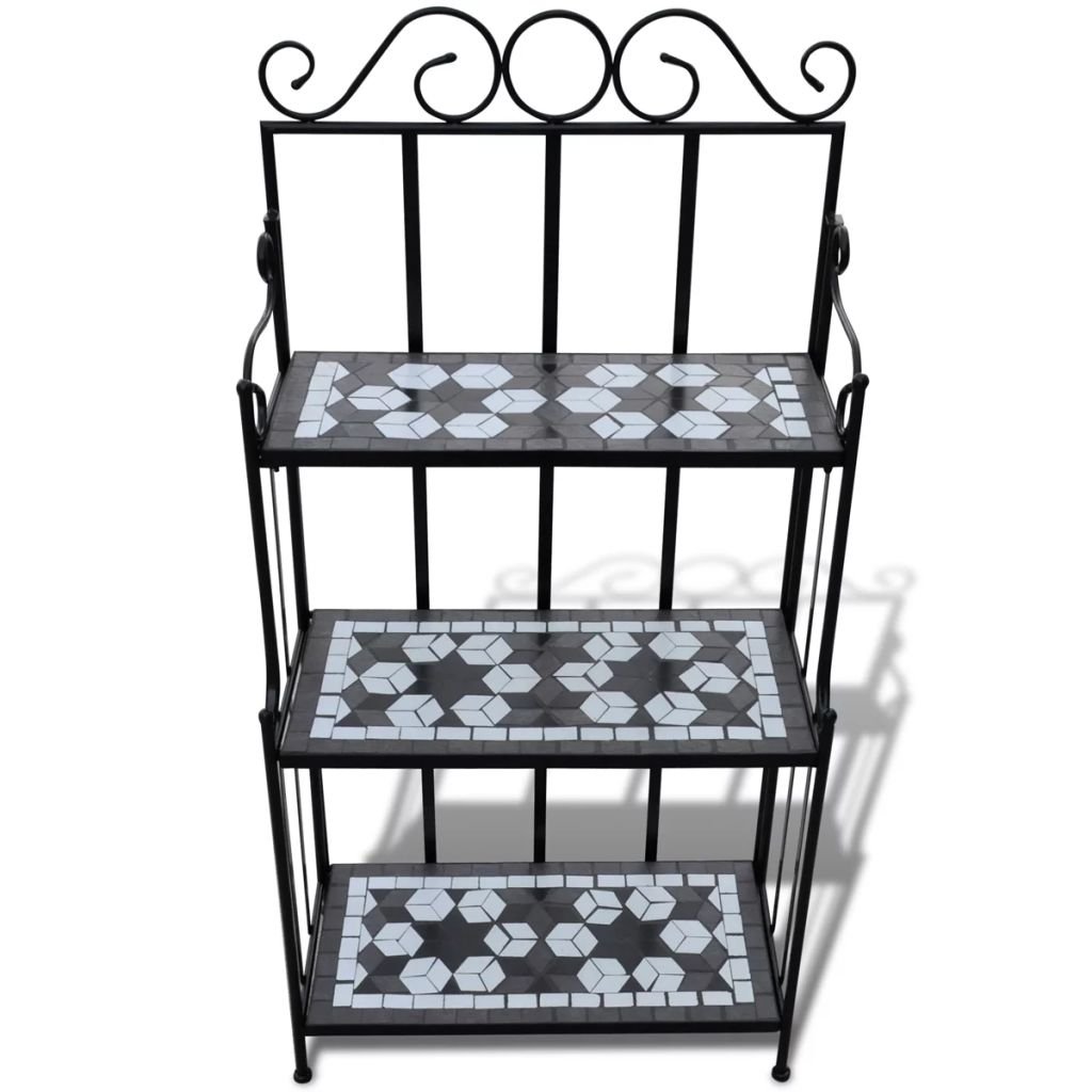 Mogou Plant Stand Display Black White Mosaic Table, Patio Table Decor, Mosaic Table Outdoor, Mosaic Plant Stand Pattern