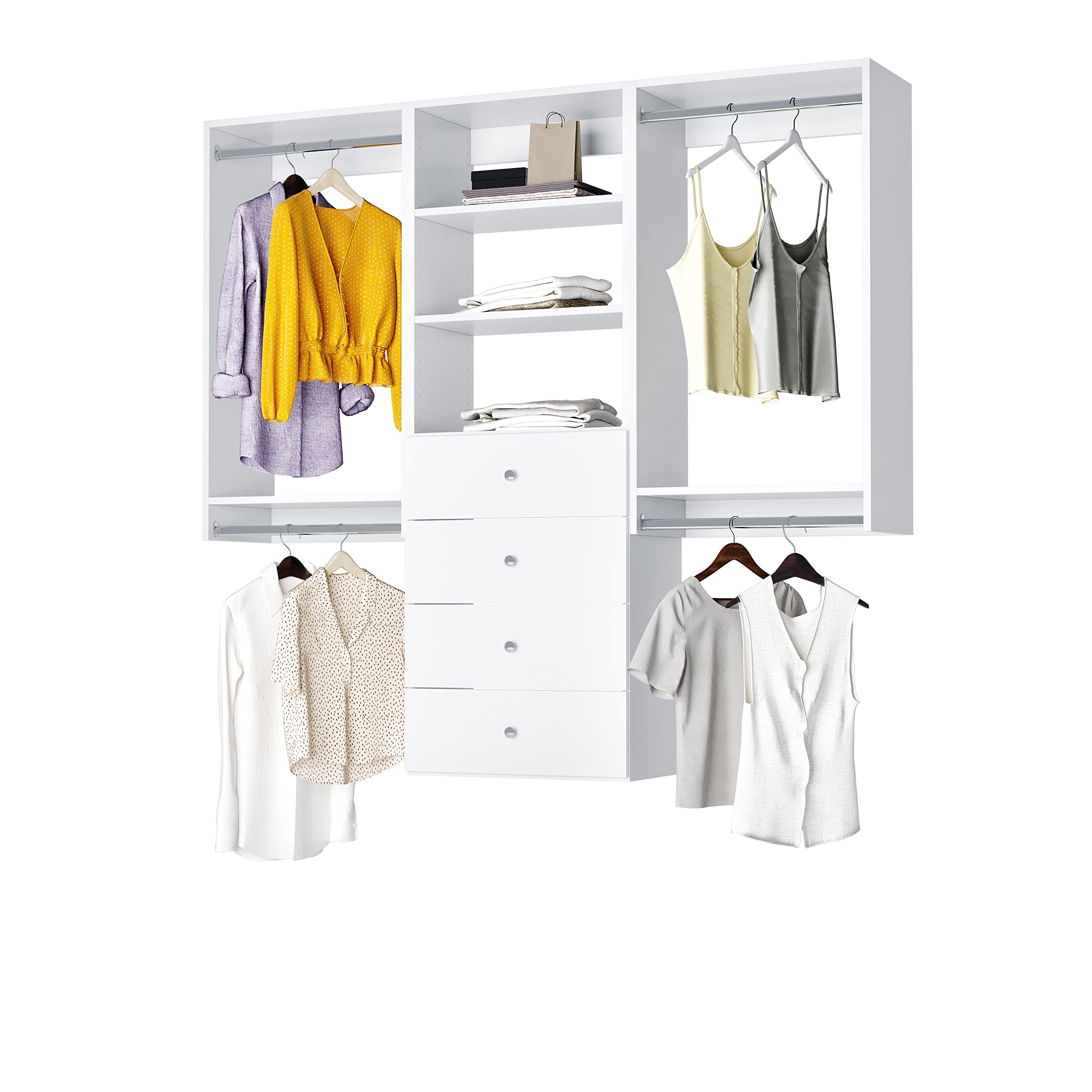 Closet Kit with Hanging Rods, Shelves & Drawers - Corner Closet System - Closet Shelves - Closet Organizers and Storage Shelves (White, 66 inches Wide) Closet Shelving