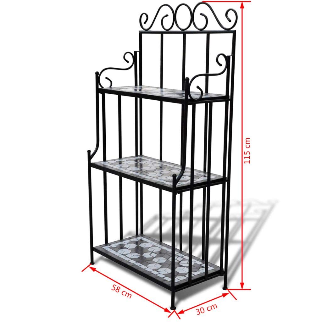 Mogou Plant Stand Display Black White Mosaic Table, Patio Table Decor, Mosaic Table Outdoor, Mosaic Plant Stand Pattern