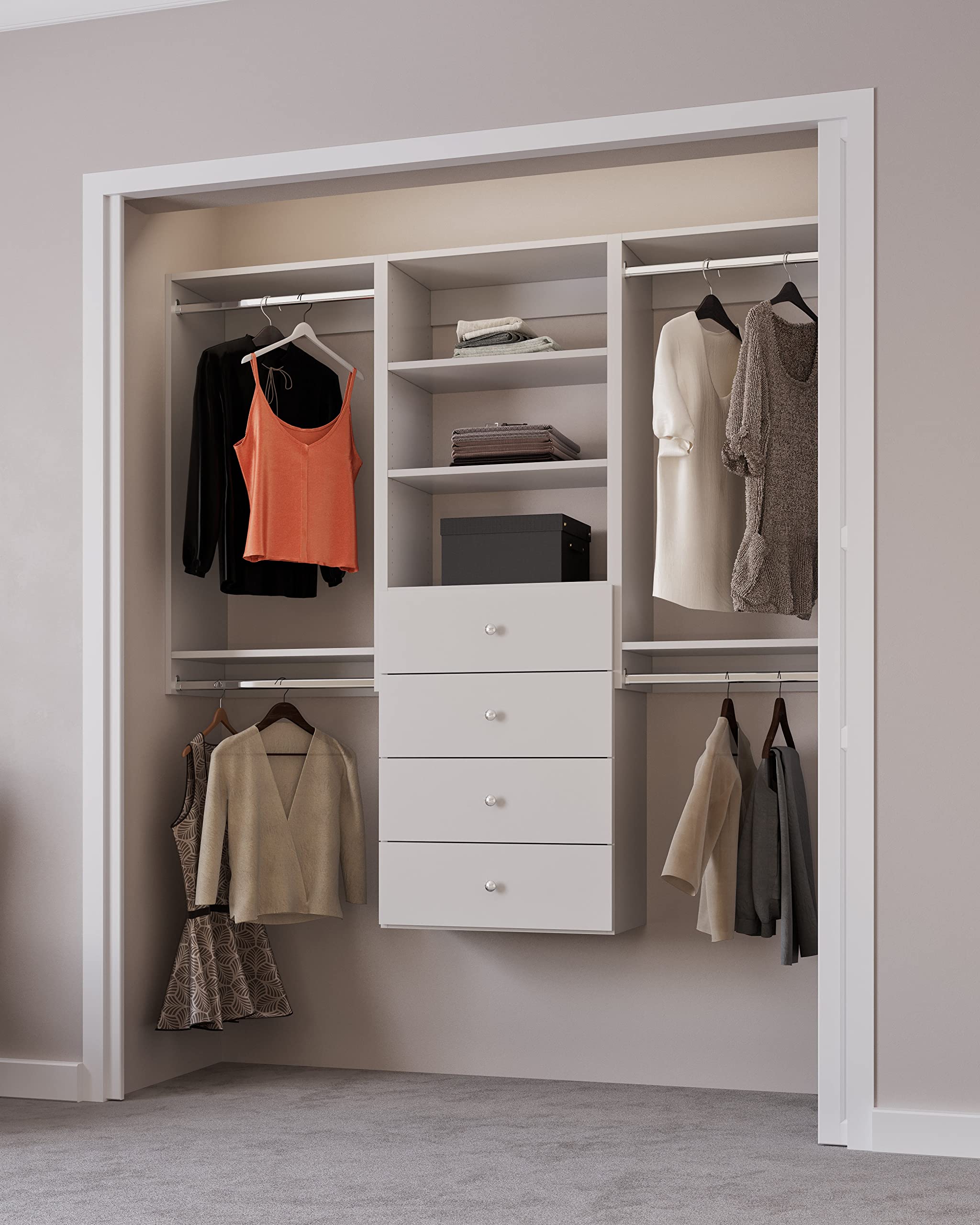 Closet Kit with Hanging Rods, Shelves & Drawers - Corner Closet System - Closet Shelves - Closet Organizers and Storage Shelves (White, 66 inches Wide) Closet Shelving