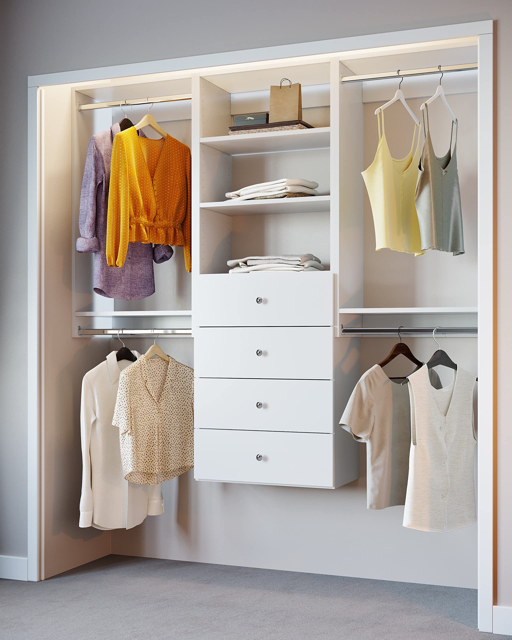 Closet Kit with Hanging Rods, Shelves & Drawers - Corner Closet System - Closet Shelves - Closet Organizers and Storage Shelves (White, 66 inches Wide) Closet Shelving