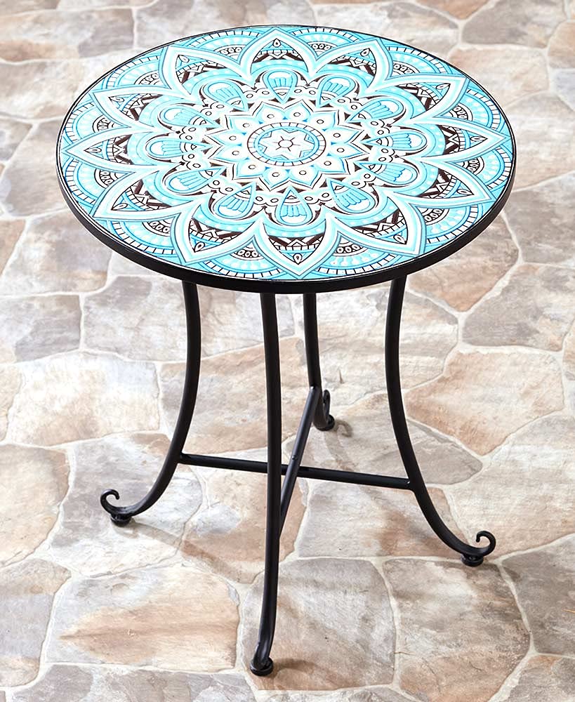 The Lakeside Collection Metal Folding Patio Table with Decorative Tile Mosaic - Black