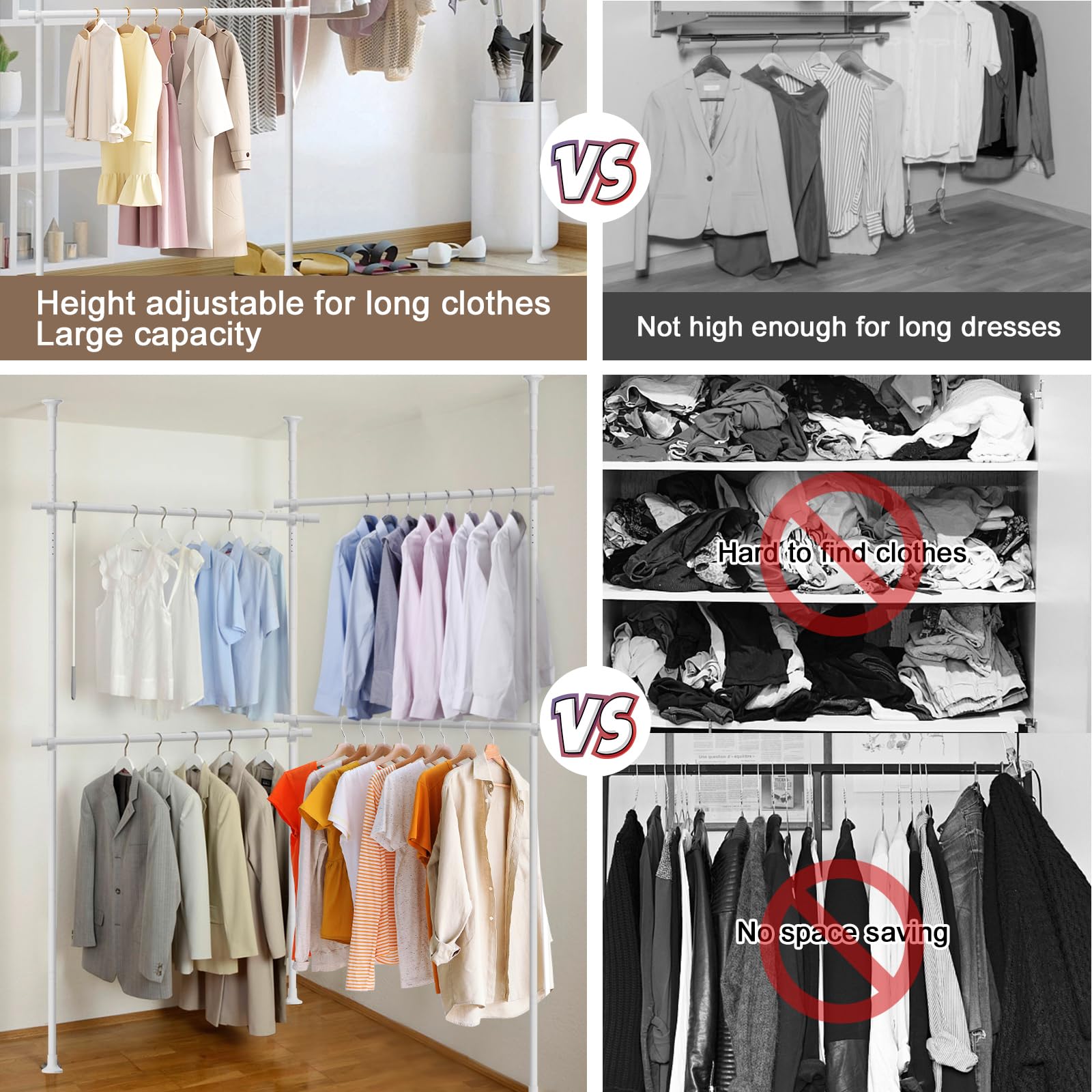 Closet Organizer Clothes Rack, Heavy Duty 4-Tier Adjustable Free Standing Laundry Drying Garment Rack, Floor to Ceiling Clothing Hanger Tension Rod Closet System Wardrobe Storage Matt White