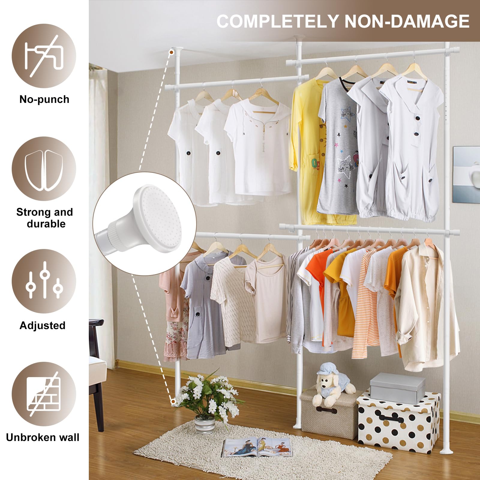 Closet Organizer Clothes Rack, Heavy Duty 4-Tier Adjustable Free Standing Laundry Drying Garment Rack, Floor to Ceiling Clothing Hanger Tension Rod Closet System Wardrobe Storage Matt White