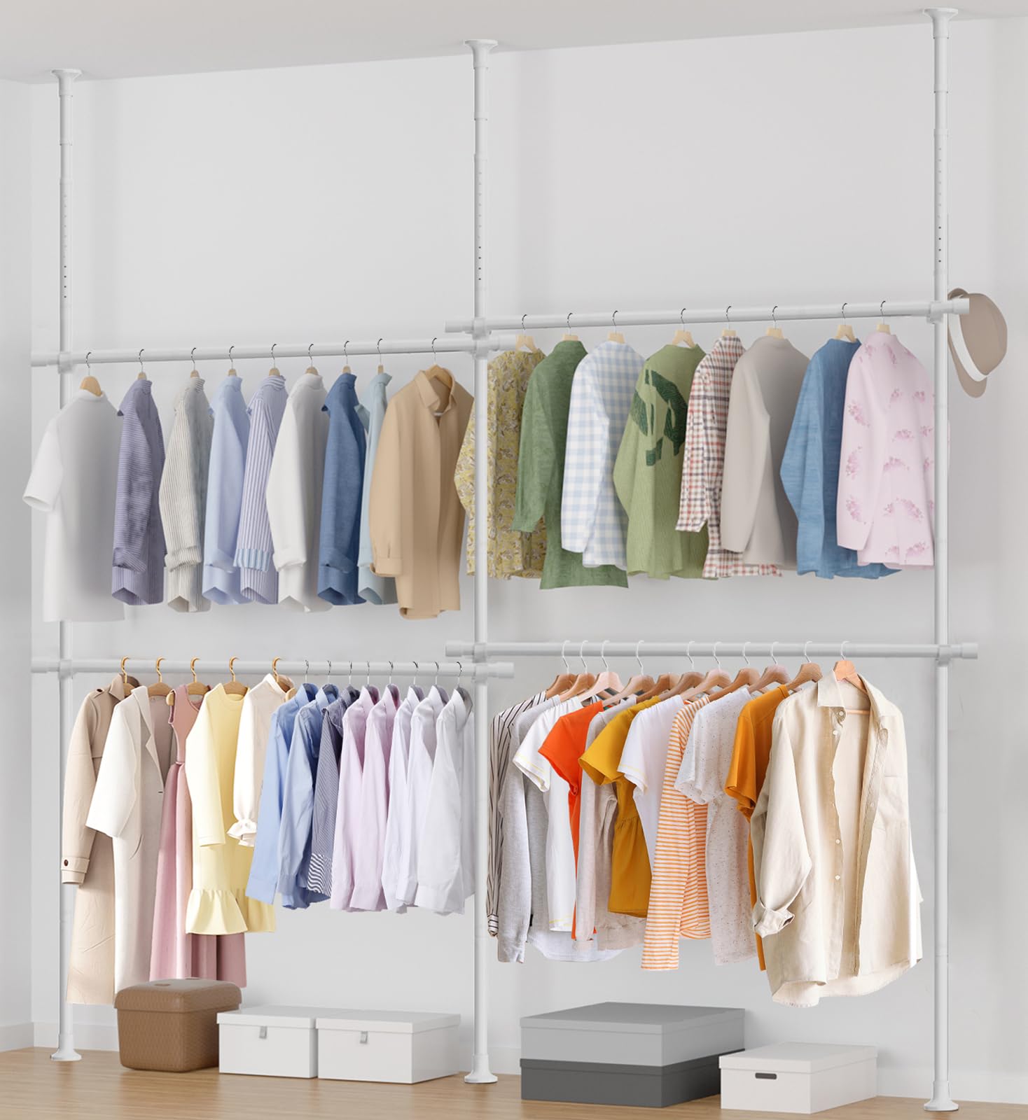 Closet Organizer Clothes Rack, Heavy Duty 4-Tier Adjustable Free Standing Laundry Drying Garment Rack, Floor to Ceiling Clothing Hanger Tension Rod Closet System Wardrobe Storage Matt White