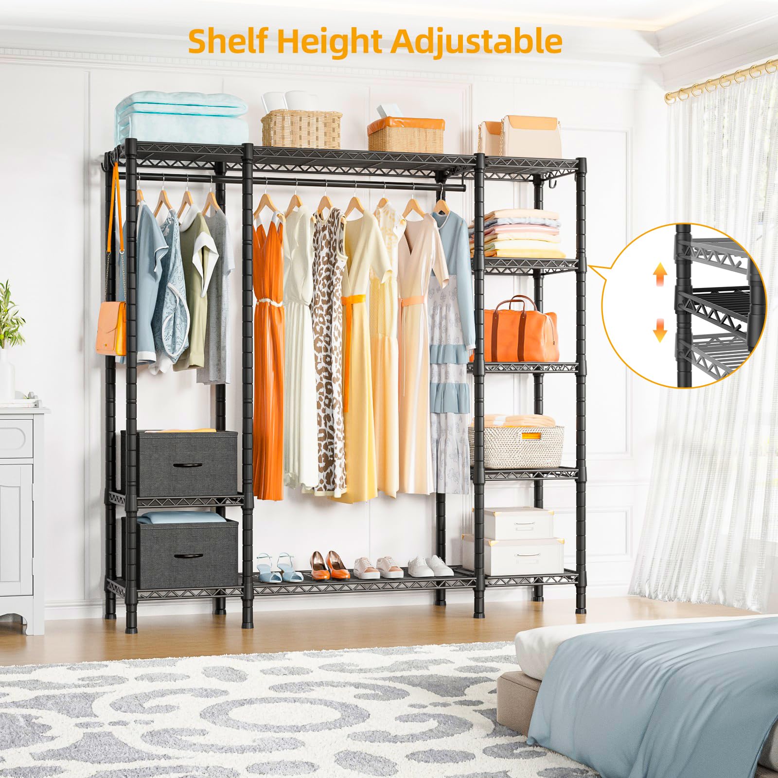 Ulif E6 Heavy-Duty Garment Rack, 5 Tiers Freestanding Clothes Rack with Fabric Drawers, Metal Clothing Wardrobe System Load 670 LBS, 58.6" W x 14.5" D x 71.6" H, Black