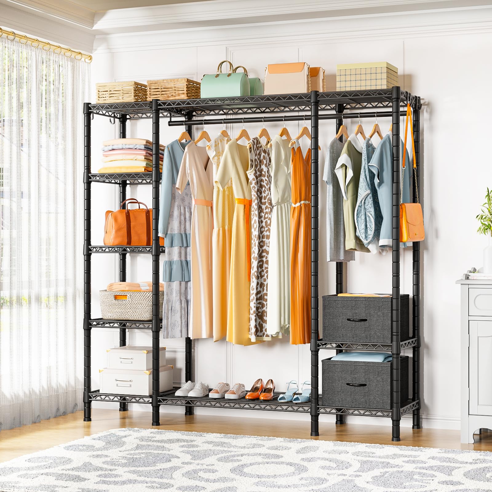Ulif E6 Heavy-Duty Garment Rack, 5 Tiers Freestanding Clothes Rack with Fabric Drawers, Metal Clothing Wardrobe System Load 670 LBS, 58.6" W x 14.5" D x 71.6" H, Black