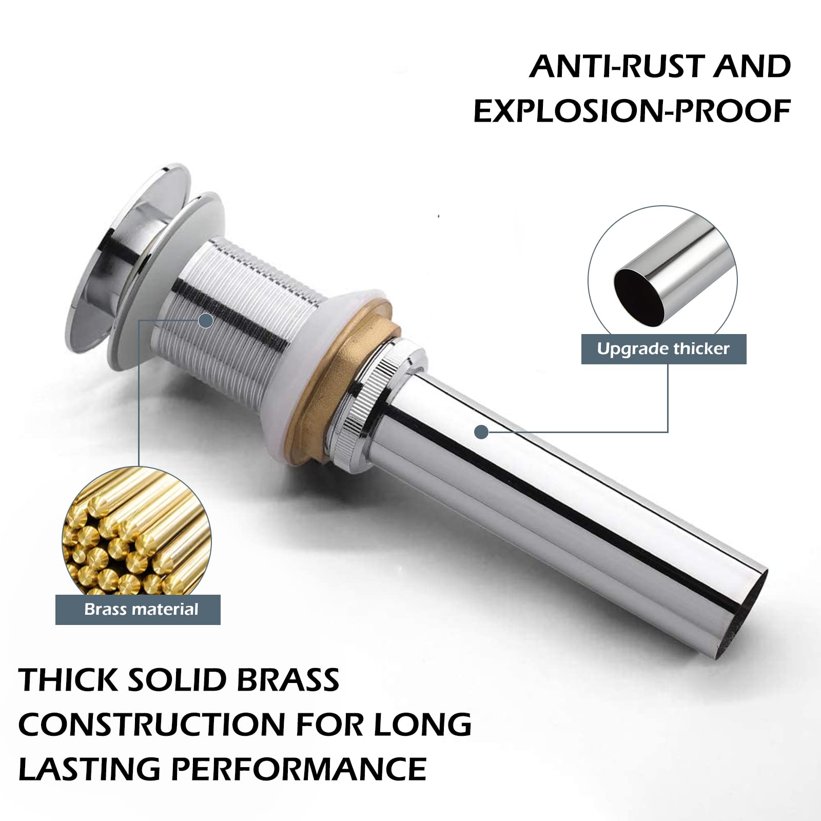 Vessel Sink Drain Stopper Chrome Solid Brass Bathroom Pop up Drain Without Overflow for Basin Sink Lavatory Vanity Sink Above Counter