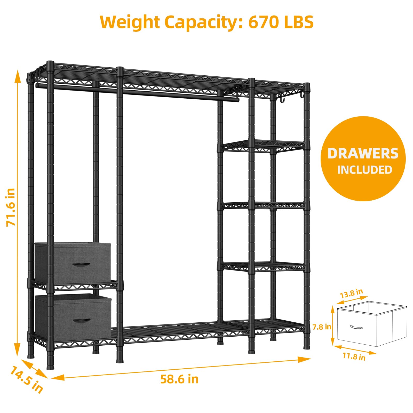 Ulif E6 Heavy-Duty Garment Rack, 5 Tiers Freestanding Clothes Rack with Fabric Drawers, Metal Clothing Wardrobe System Load 670 LBS, 58.6" W x 14.5" D x 71.6" H, Black