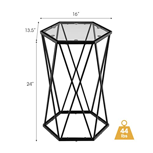 Giantex Glass End Table, Hexagon Side Table w/Metal Frame, Small Coffee Accent Table for Small Space for Living Room Balcony, Modern Style Bedside Table Nightstand