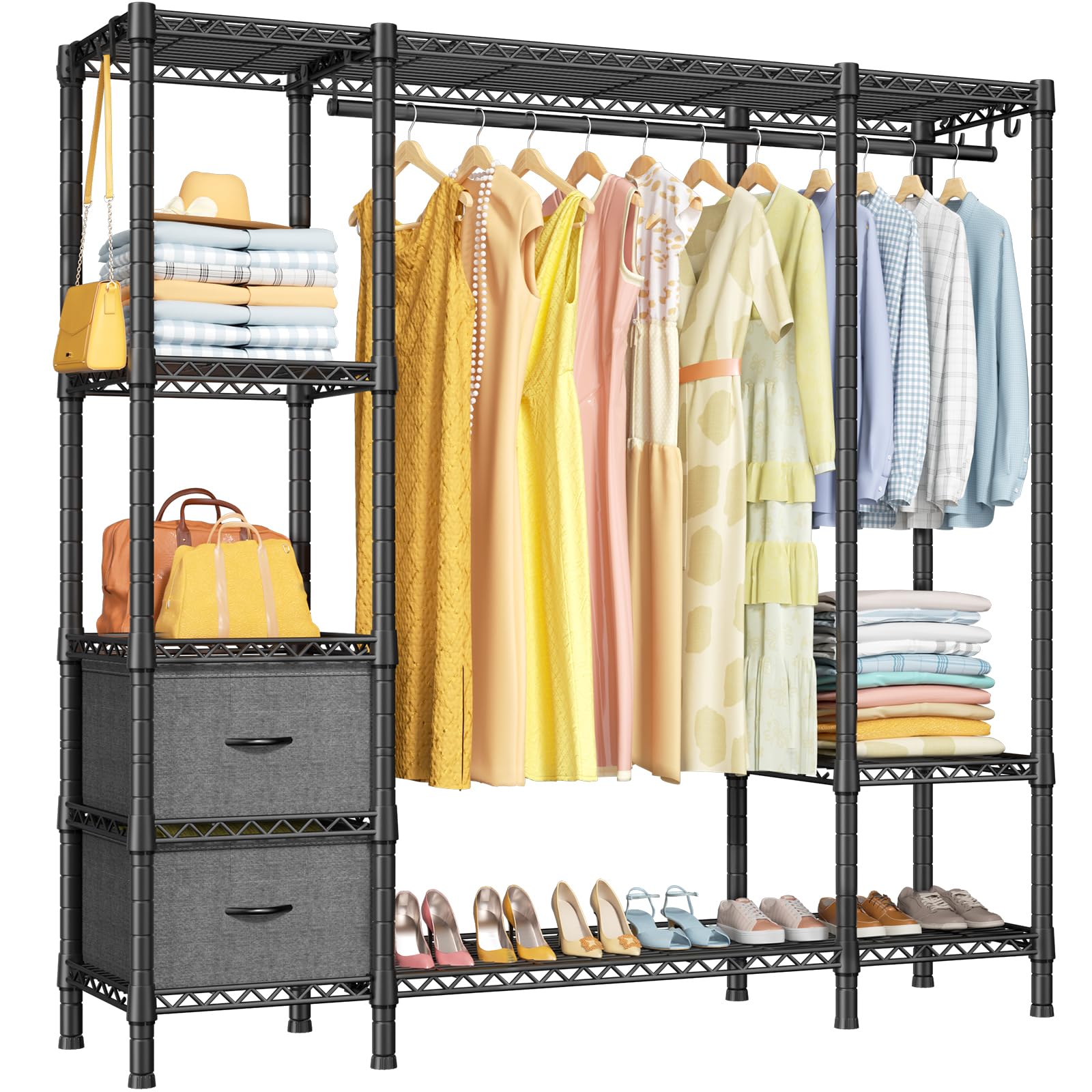 Ulif E6 Heavy-Duty Garment Rack, 5 Tiers Freestanding Clothes Rack with Fabric Drawers, Metal Clothing Wardrobe System Load 670 LBS, 58.6" W x 14.5" D x 71.6" H, Black
