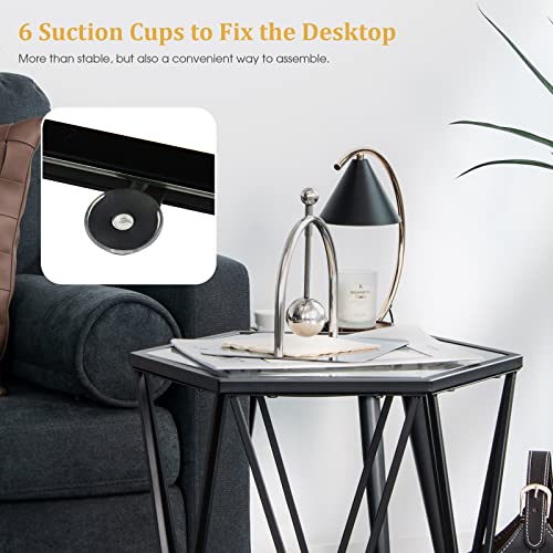 Giantex Glass End Table, Hexagon Side Table w/Metal Frame, Small Coffee Accent Table for Small Space for Living Room Balcony, Modern Style Bedside Table Nightstand