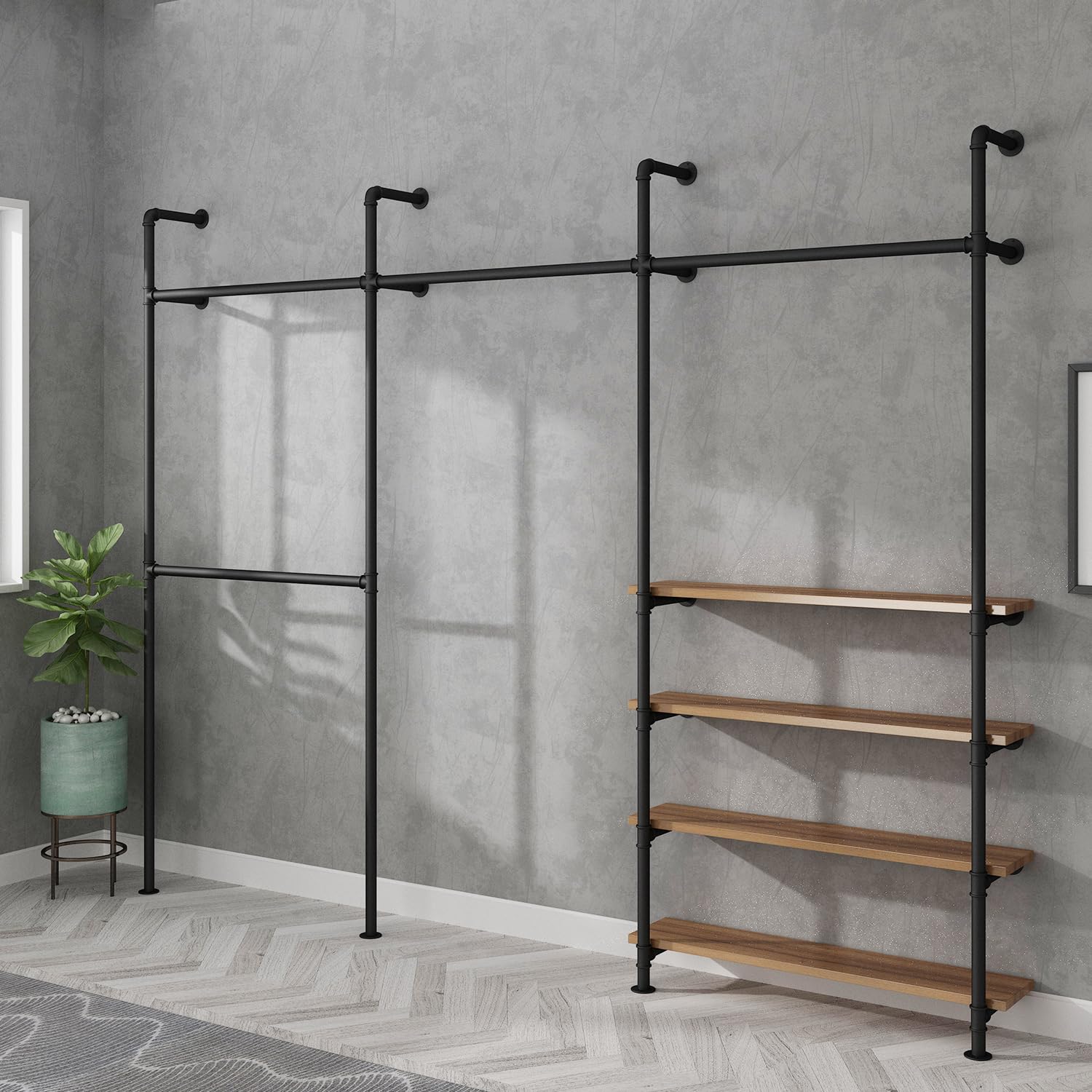 LANJIN Industrial Pipe Clothing Rack,Clothes Rack for Wardrobe, Bedroom and As Walk-in Closet System.Sturdy Clothing Racks for Hanging Clothes,Wall Mounted Heavy Duty Clothes Rack,Black E