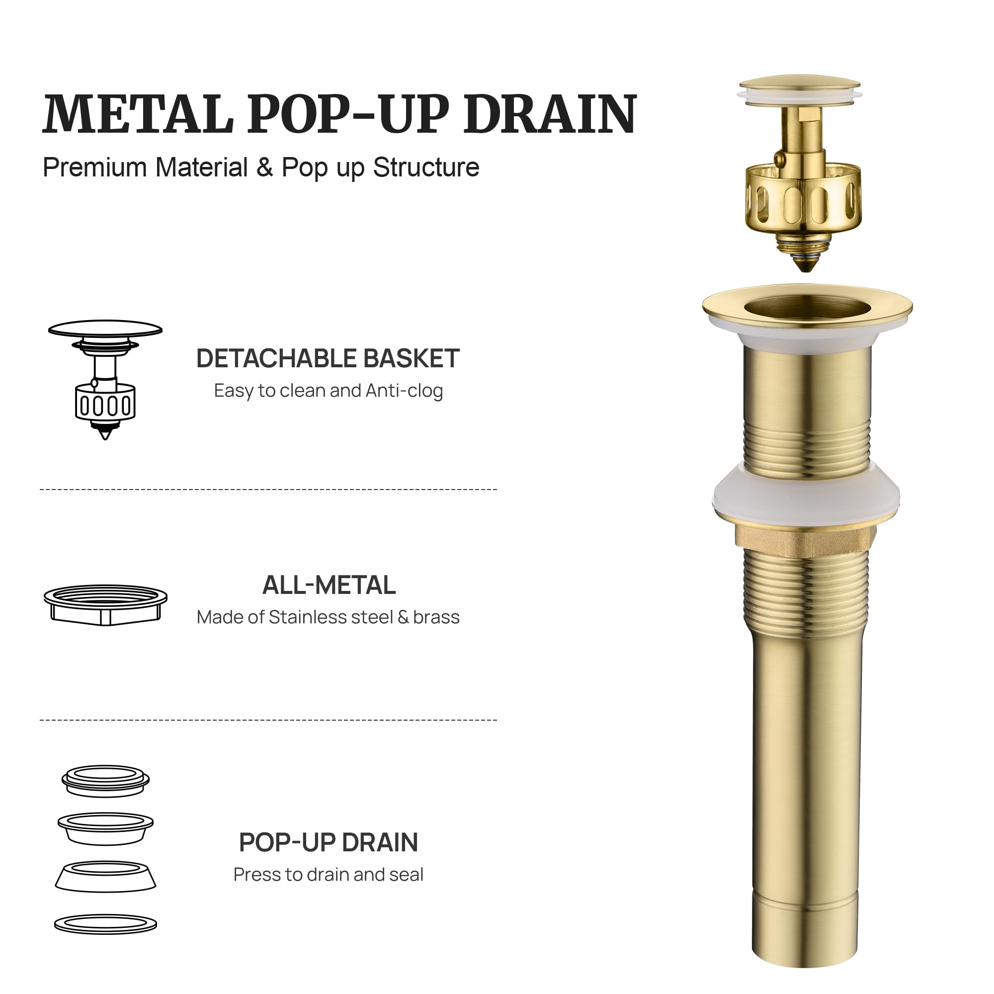 Pop up Sink Drain Stopper for Bathroom Vessel Vanity Sink Art Basin Brushed Gold, Small Cap Without Overflow, Metal Pop-up Drain Strainer with Detachable Basket Stopper
