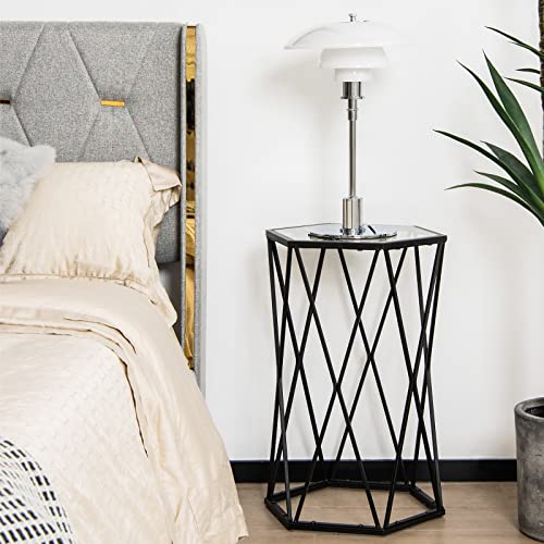 Giantex Glass End Table, Hexagon Side Table w/Metal Frame, Small Coffee Accent Table for Small Space for Living Room Balcony, Modern Style Bedside Table Nightstand