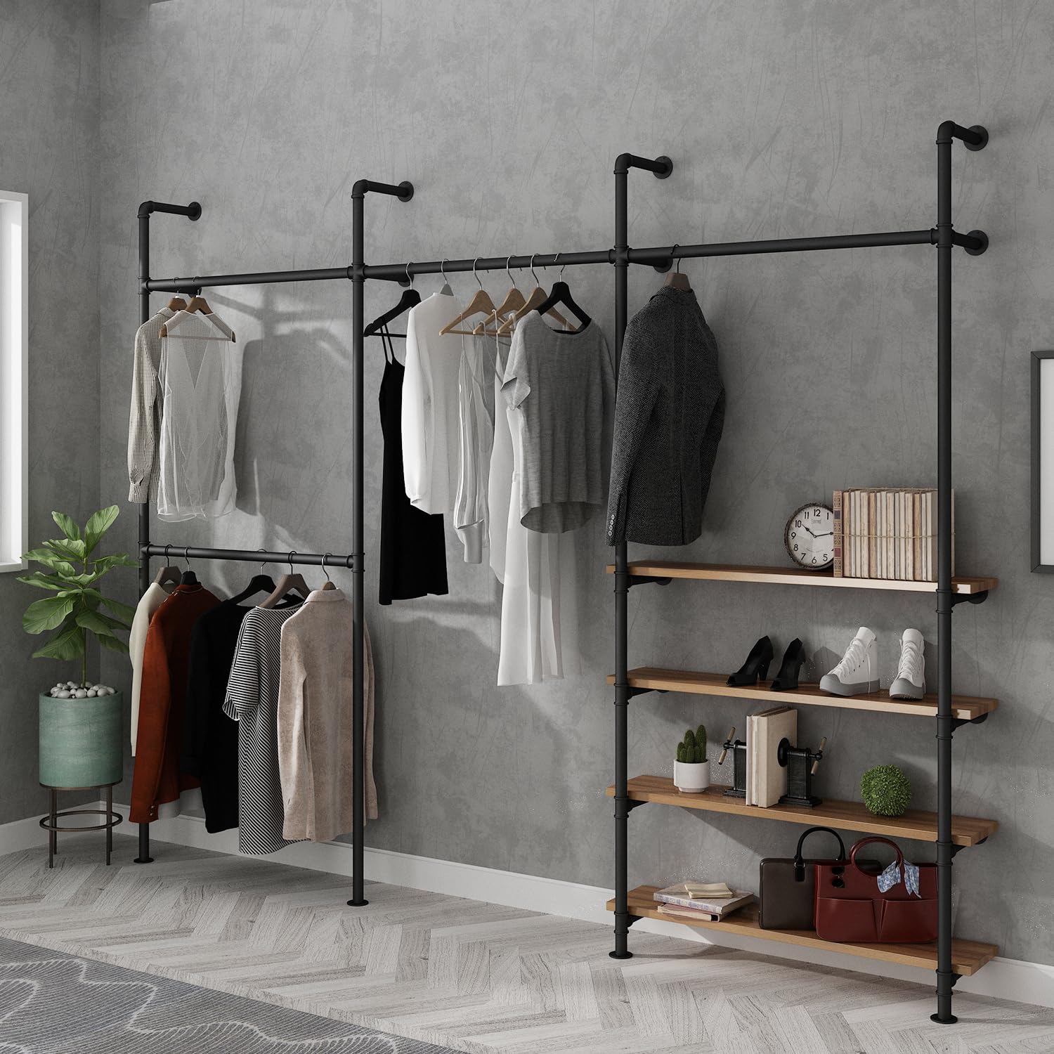 LANJIN Industrial Pipe Clothing Rack,Clothes Rack for Wardrobe, Bedroom and As Walk-in Closet System.Sturdy Clothing Racks for Hanging Clothes,Wall Mounted Heavy Duty Clothes Rack,Black E