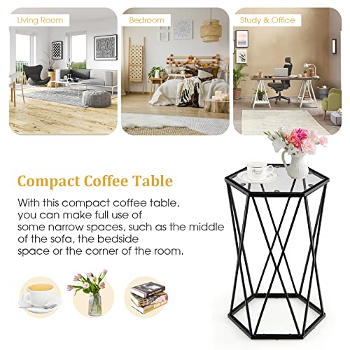 Giantex Glass End Table, Hexagon Side Table w/Metal Frame, Small Coffee Accent Table for Small Space for Living Room Balcony, Modern Style Bedside Table Nightstand