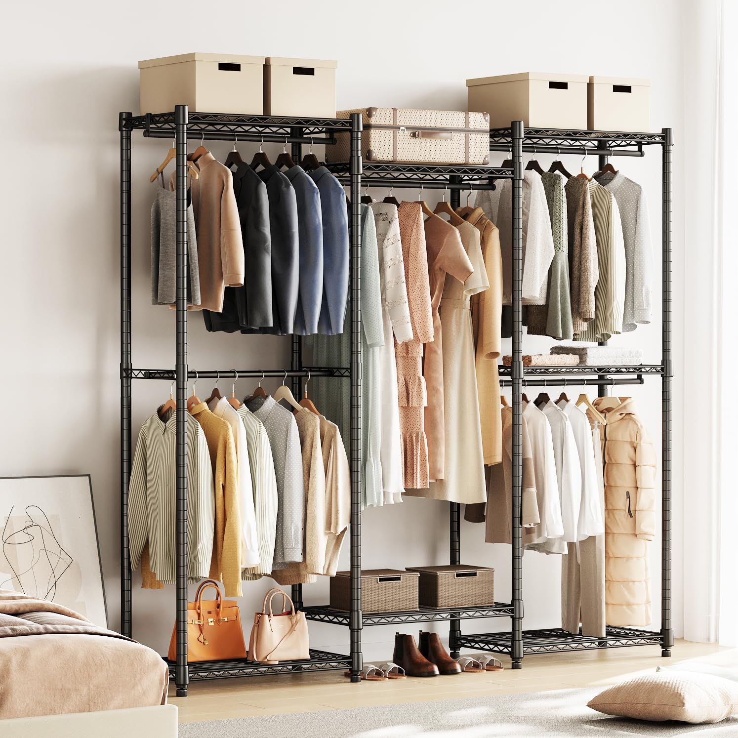 Tophorse T3 Portable Closet Clothes Rack, Heavy Duty Clothing Rack with 5 Hang Rods & 7 Shelves, Adjustable Closet Organizers and Storage Wardrobe, 75.2" W x 15.7”D x 76.4”H, Max Load 850LBS