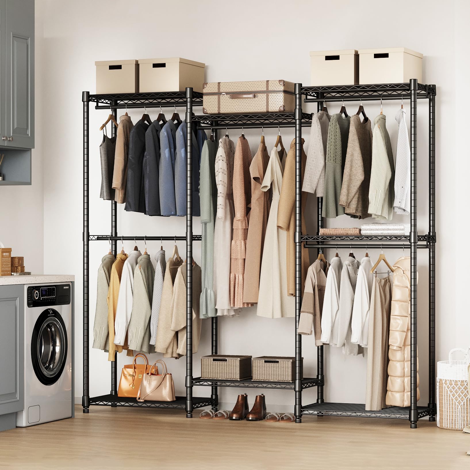 Tophorse T3 Portable Closet Clothes Rack, Heavy Duty Clothing Rack with 5 Hang Rods & 7 Shelves, Adjustable Closet Organizers and Storage Wardrobe, 75.2" W x 15.7”D x 76.4”H, Max Load 850LBS