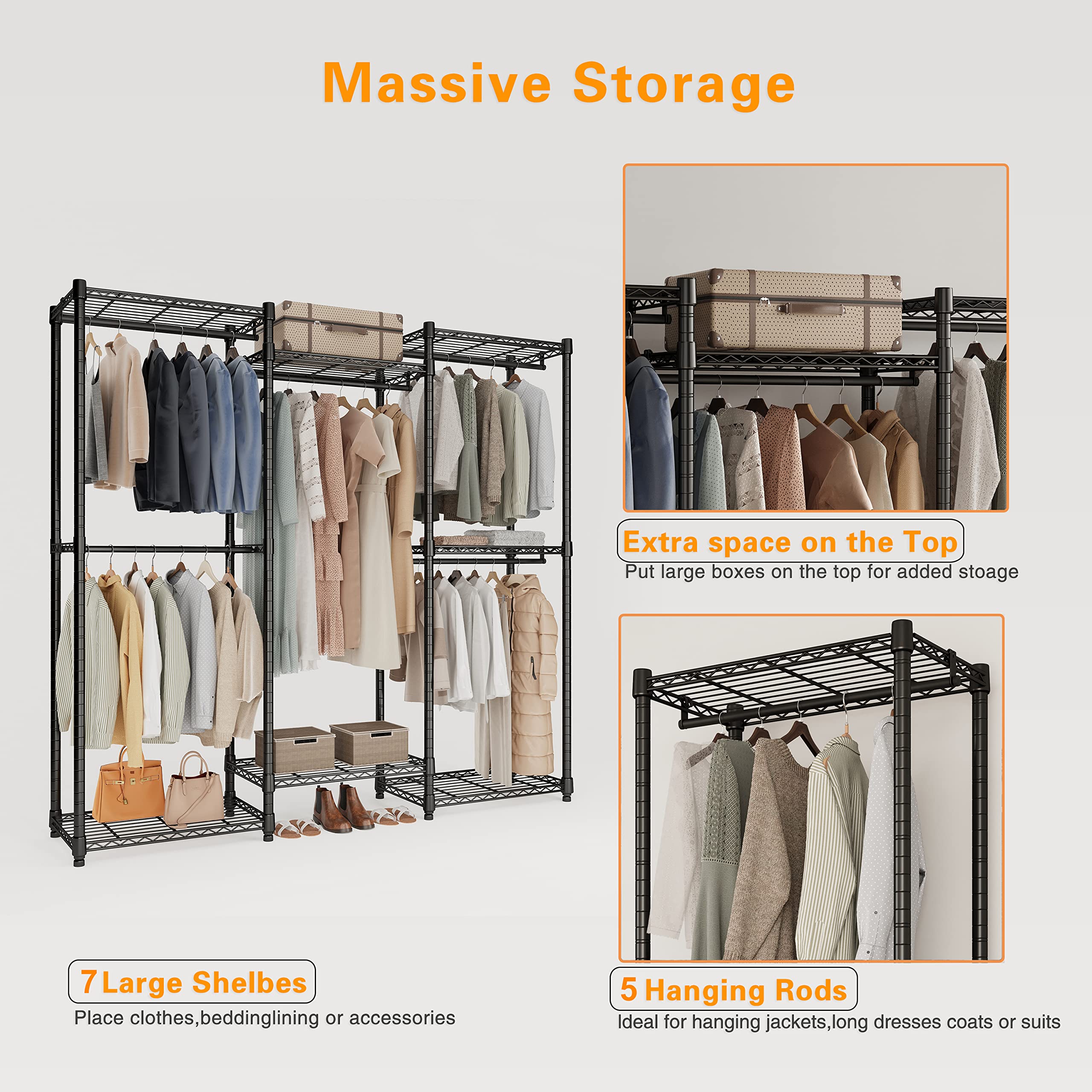 Tophorse T3 Portable Closet Clothes Rack, Heavy Duty Clothing Rack with 5 Hang Rods & 7 Shelves, Adjustable Closet Organizers and Storage Wardrobe, 75.2" W x 15.7”D x 76.4”H, Max Load 850LBS