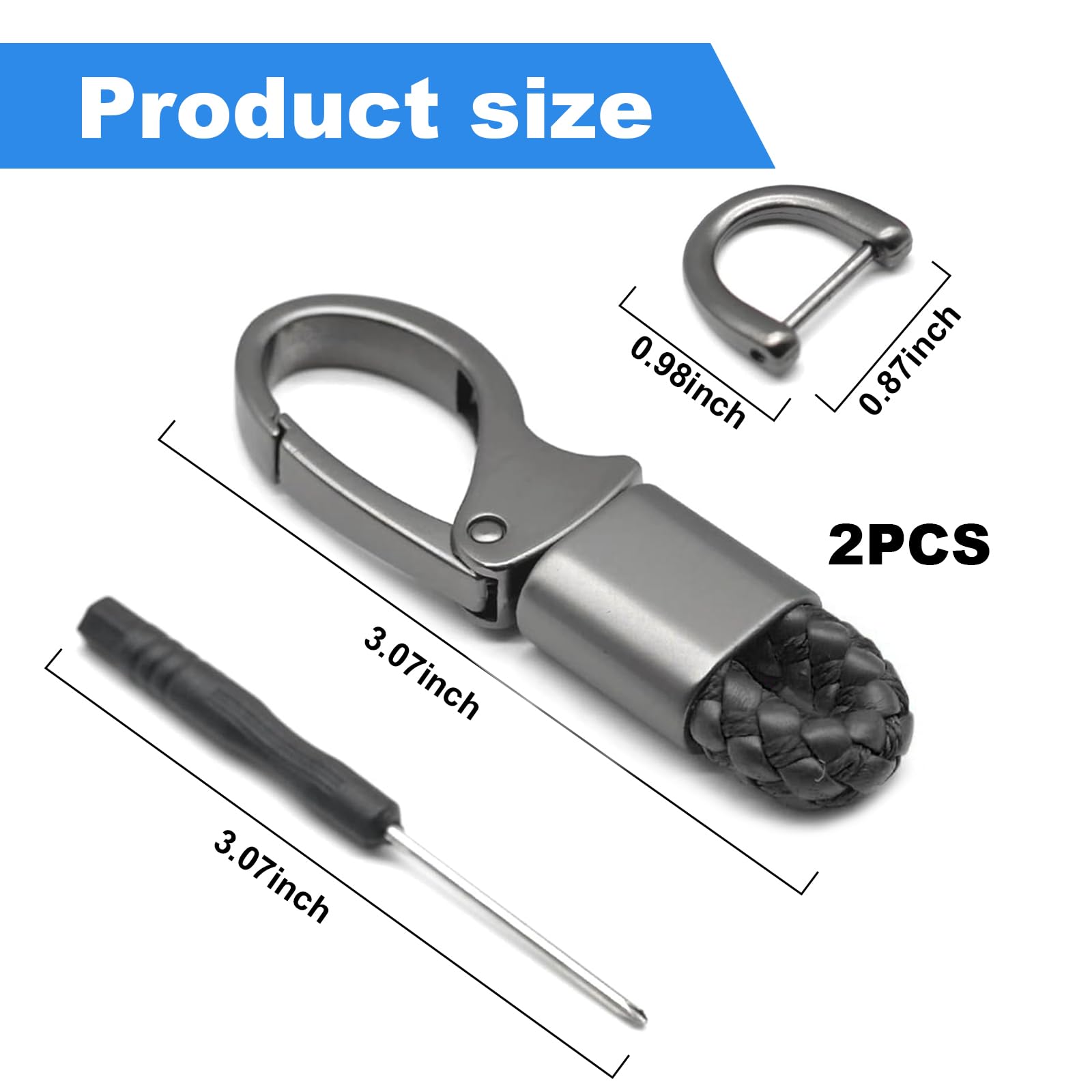 Augeny 2PCS Car Key Fob Keychains, 360 Degrees Rotatable Leather Keys Chain Holder with Anti-Lost D-Ring, Universal Sturdy Metal Key Chains with Screwdriver for Women and Men (Black)