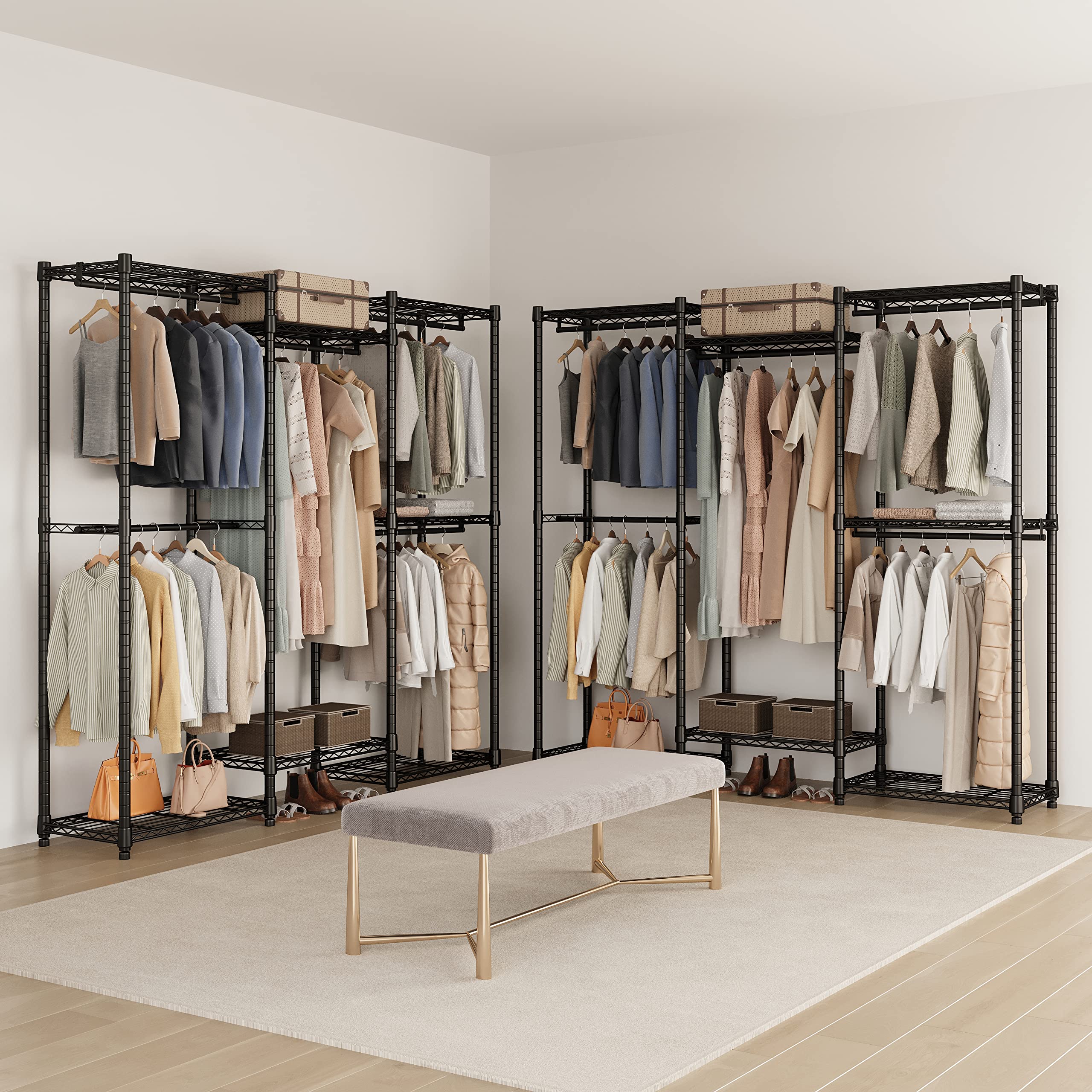 Tophorse T3 Portable Closet Clothes Rack, Heavy Duty Clothing Rack with 5 Hang Rods & 7 Shelves, Adjustable Closet Organizers and Storage Wardrobe, 75.2" W x 15.7”D x 76.4”H, Max Load 850LBS
