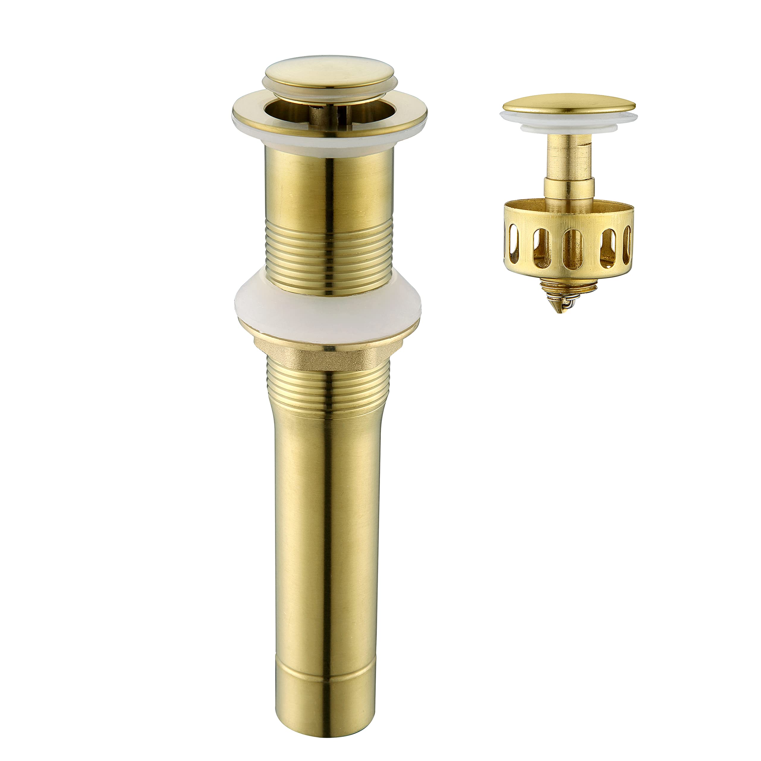 Pop up Sink Drain Stopper for Bathroom Vessel Vanity Sink Art Basin Brushed Gold, Small Cap Without Overflow, Metal Pop-up Drain Strainer with Detachable Basket Stopper