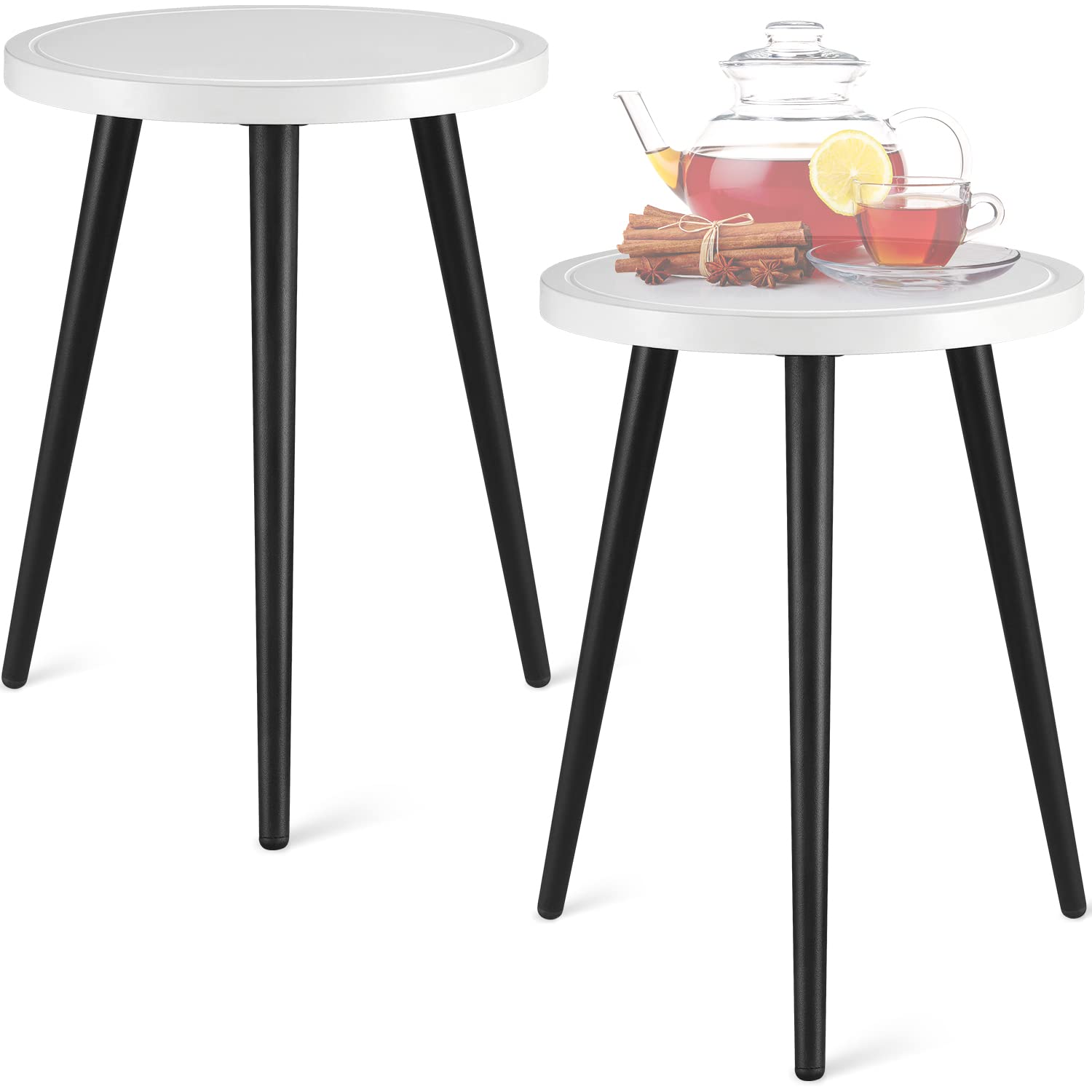 Indoor Plant Stand with Metal Legs, 16" Tall Plant Holder for Flower Pots, Mid Century Wooden Plant Stand Plant Table for Flower Pots, Modern Home Decor Small Round Side End Table (White Set 2)