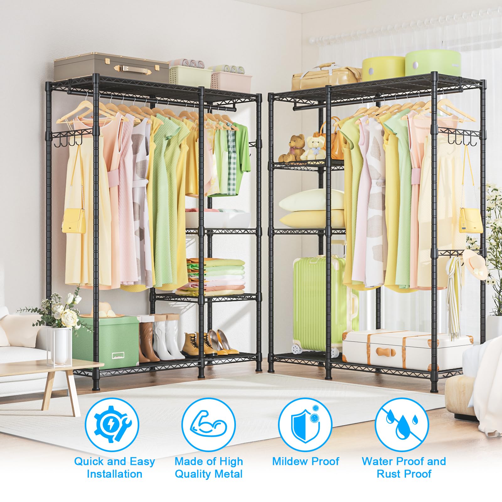 Ulif F4 Heavy Duty Clothes Rack(With Hanger Rod ) Freestanding Clothing Racks for Hanging Clothes,Adjustable Closet Organizer System,Portable Garment Rack 45" W x 15" D x 70" H,Max Load 500LBS,Black
