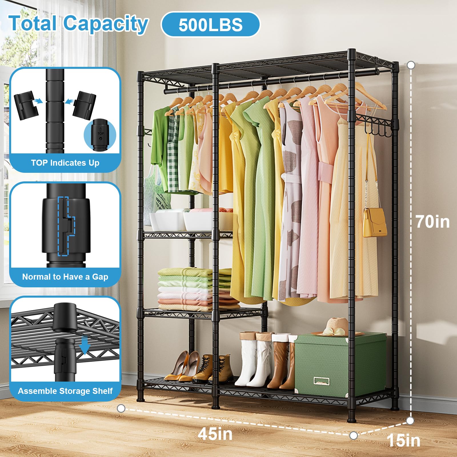 Ulif F4 Heavy Duty Clothes Rack(With Hanger Rod ) Freestanding Clothing Racks for Hanging Clothes,Adjustable Closet Organizer System,Portable Garment Rack 45" W x 15" D x 70" H,Max Load 500LBS,Black