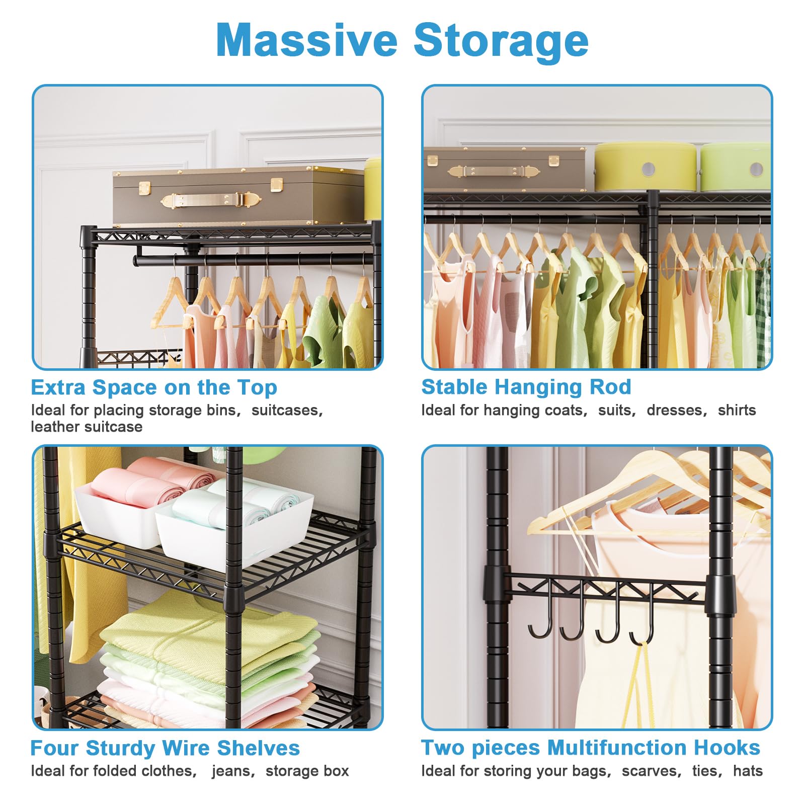Ulif F4 Heavy Duty Clothes Rack(With Hanger Rod ) Freestanding Clothing Racks for Hanging Clothes,Adjustable Closet Organizer System,Portable Garment Rack 45" W x 15" D x 70" H,Max Load 500LBS,Black