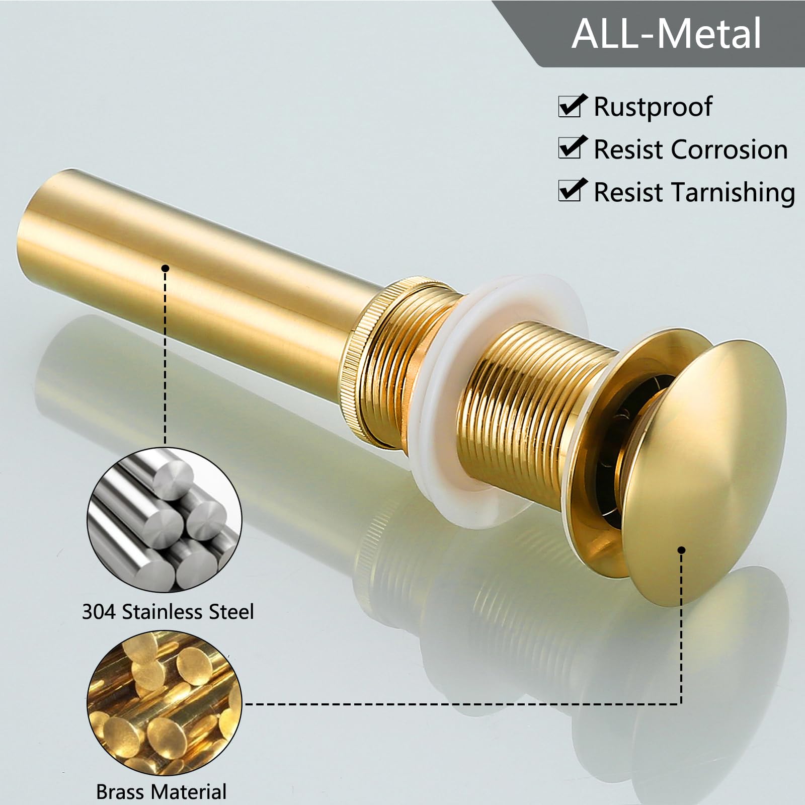 SWHYGER Bathroom Sink Pop Up Drain Without Overflow,Brass Pop Up Sink Drain Assembly Brushed Gold,83606BG.