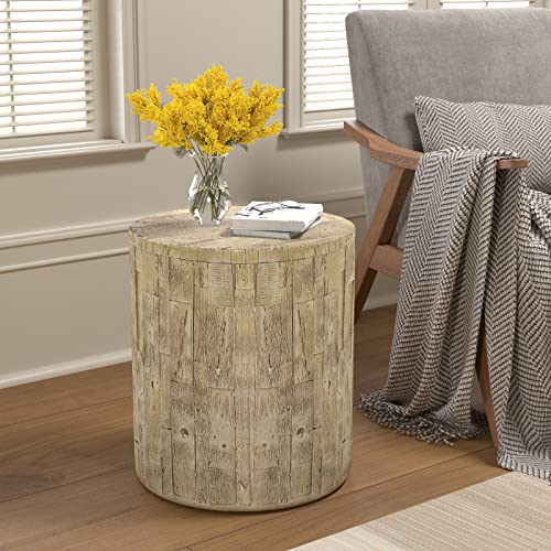 COSIEST 2 Pieces Outdoor Side Table, Mosaic MgO Patio End Table, Lightweight Cylinder Accent Table, Round Stump Table Plant Stand for Garden and Deck, Cream