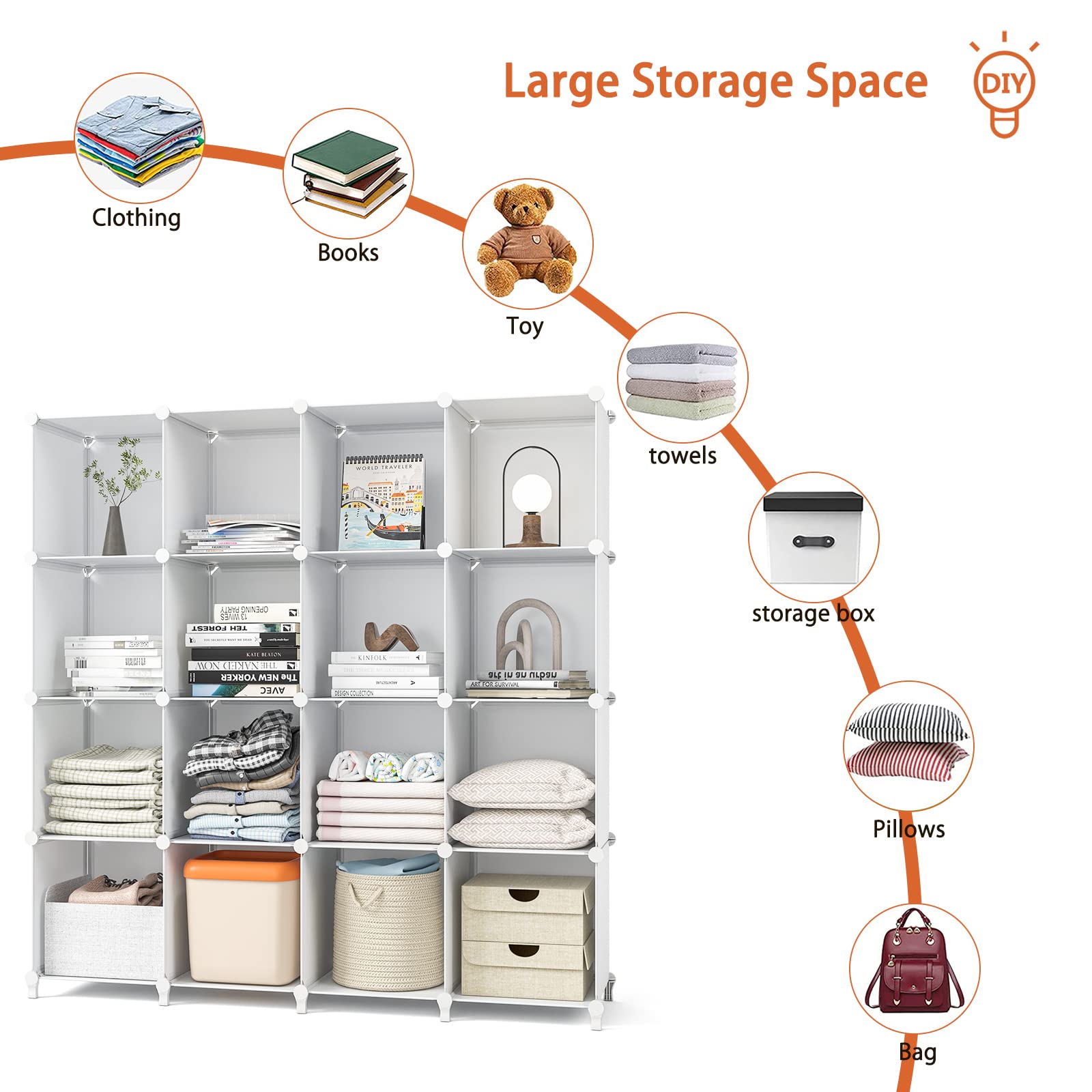 GIMTRR Closet Organizers and Storage, 16-Cube Closet Organizer, Cubes Storage Organizers, Closet Storage Cabinet Shelf, Bookcase Bookshelf for Bedroom, Office, White