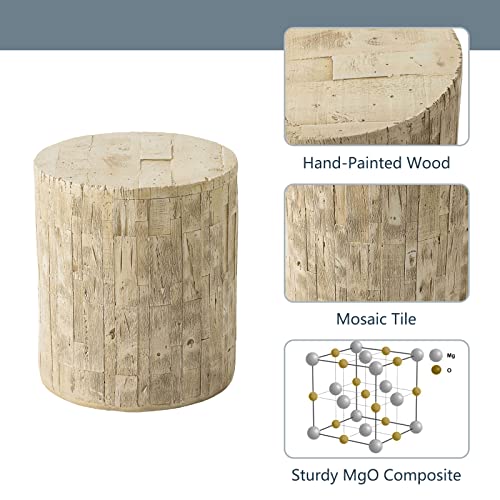 COSIEST 2 Pieces Outdoor Side Table, Mosaic MgO Patio End Table, Lightweight Cylinder Accent Table, Round Stump Table Plant Stand for Garden and Deck, Cream