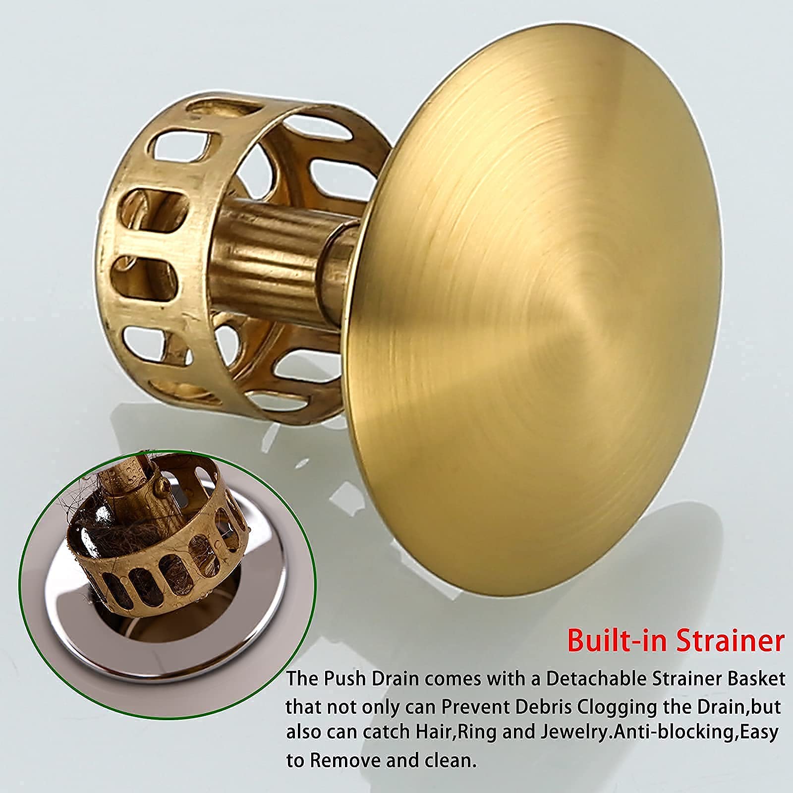 SWHYGER Bathroom Sink Pop Up Drain Without Overflow,Brass Pop Up Sink Drain Assembly Brushed Gold,83606BG.